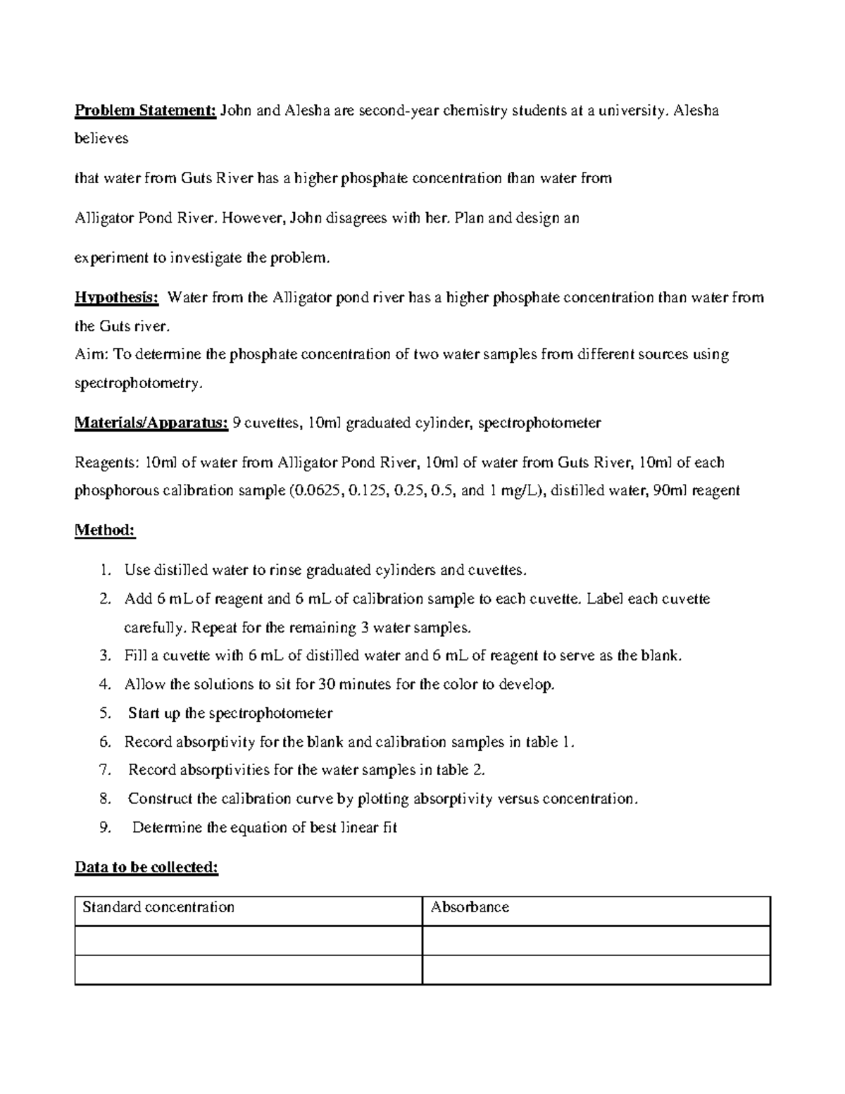 Chemistry PD 2 - Lab Plan for Phosphate Concentration Experiment - Studocu