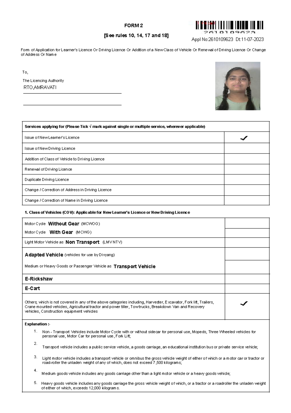 Application for Driving Licence - Form 2 Rules 10, 14, 17 (Appl No ...
