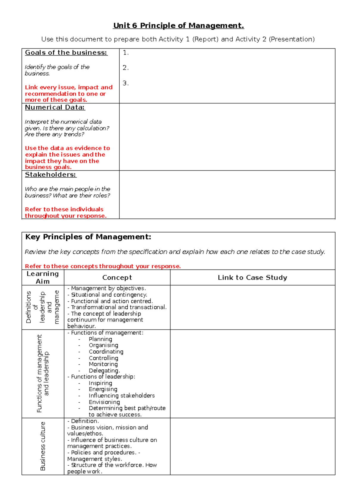 Unit 6: Principles of Management - Activity 1 & 2 Preparation Guide ...