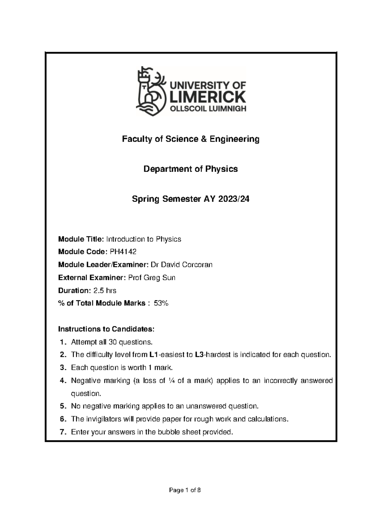 PH4142 Final Exam 2024 - Introduction to Physics Exam Paper - Studocu