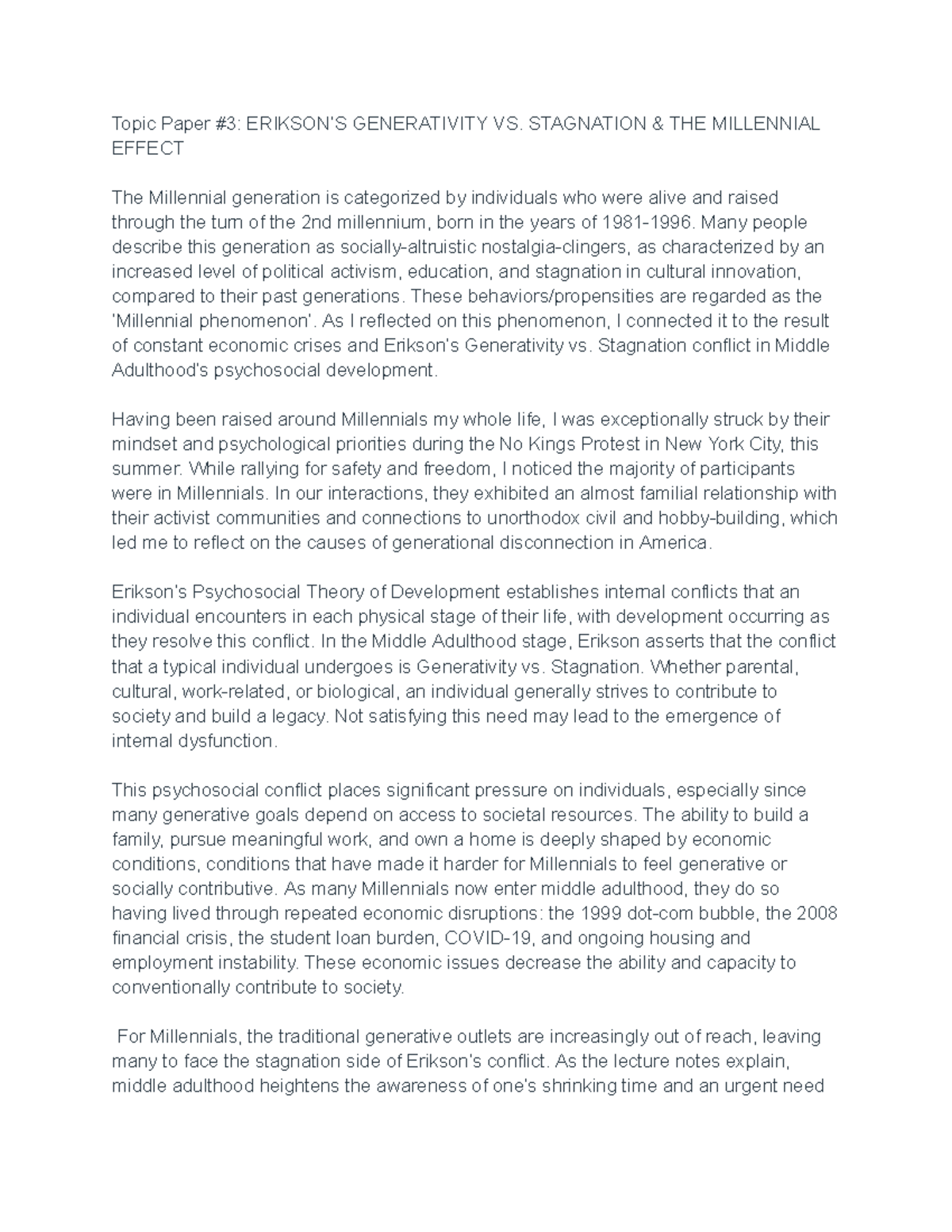 Topic Paper #3: Erikson's Generativity vs. Stagnation & Millennial ...