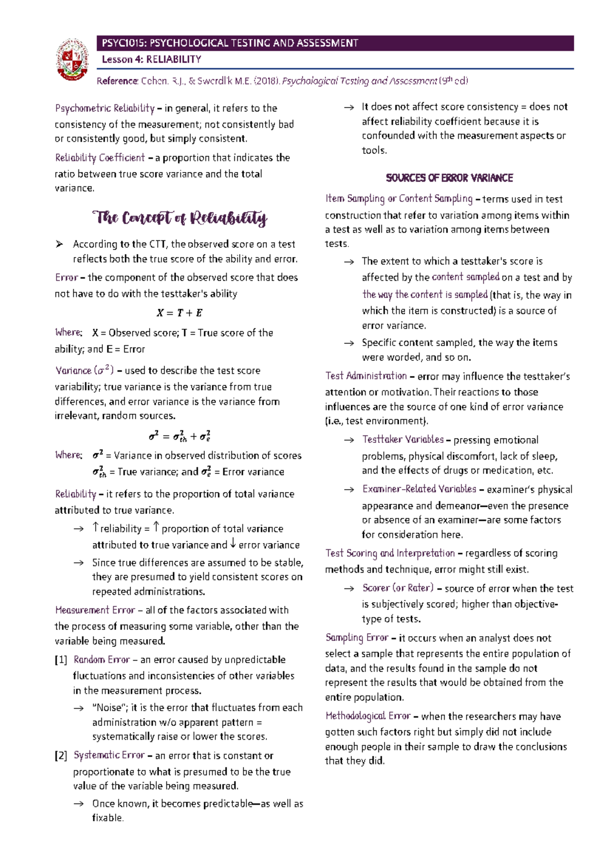 Psychological Assessment: Week 4 Reliability Concepts and Errors - Studocu
