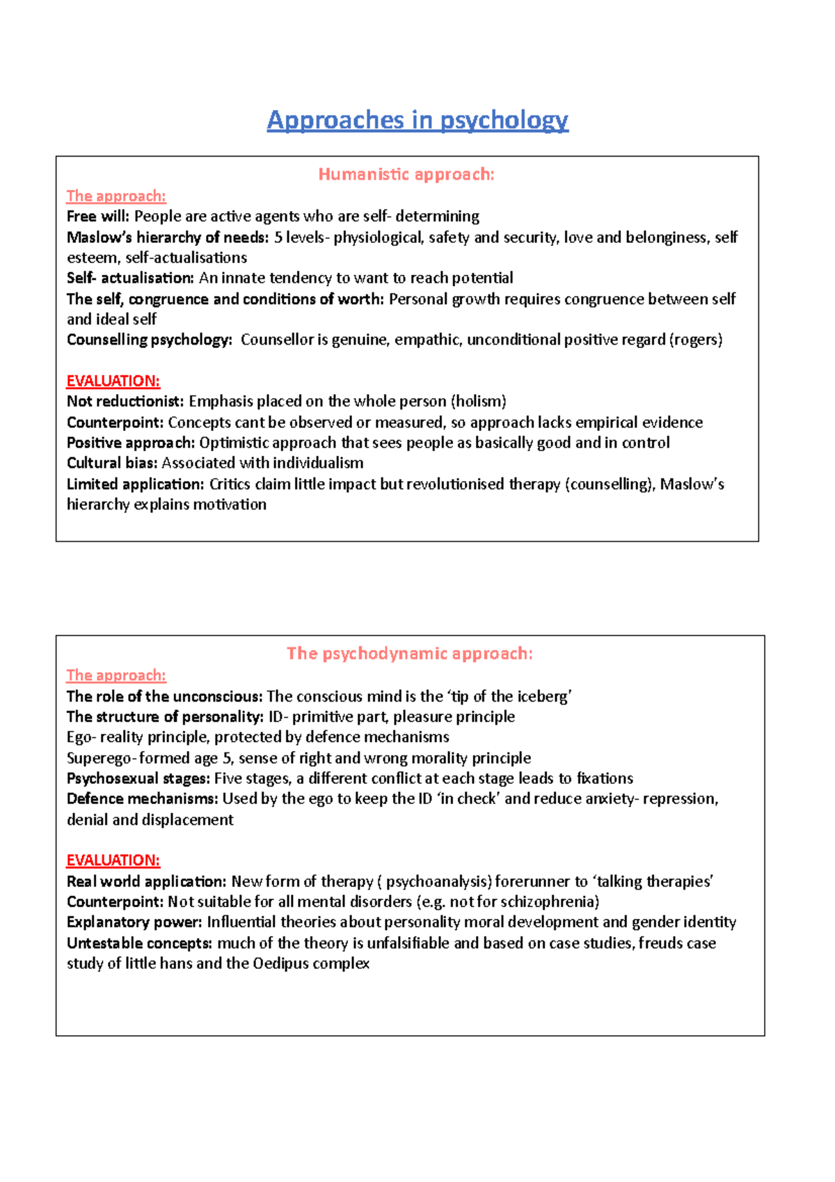 APPROACHES IN PSYCHOLOGY - Approaches in psychology Humanistic approach ...