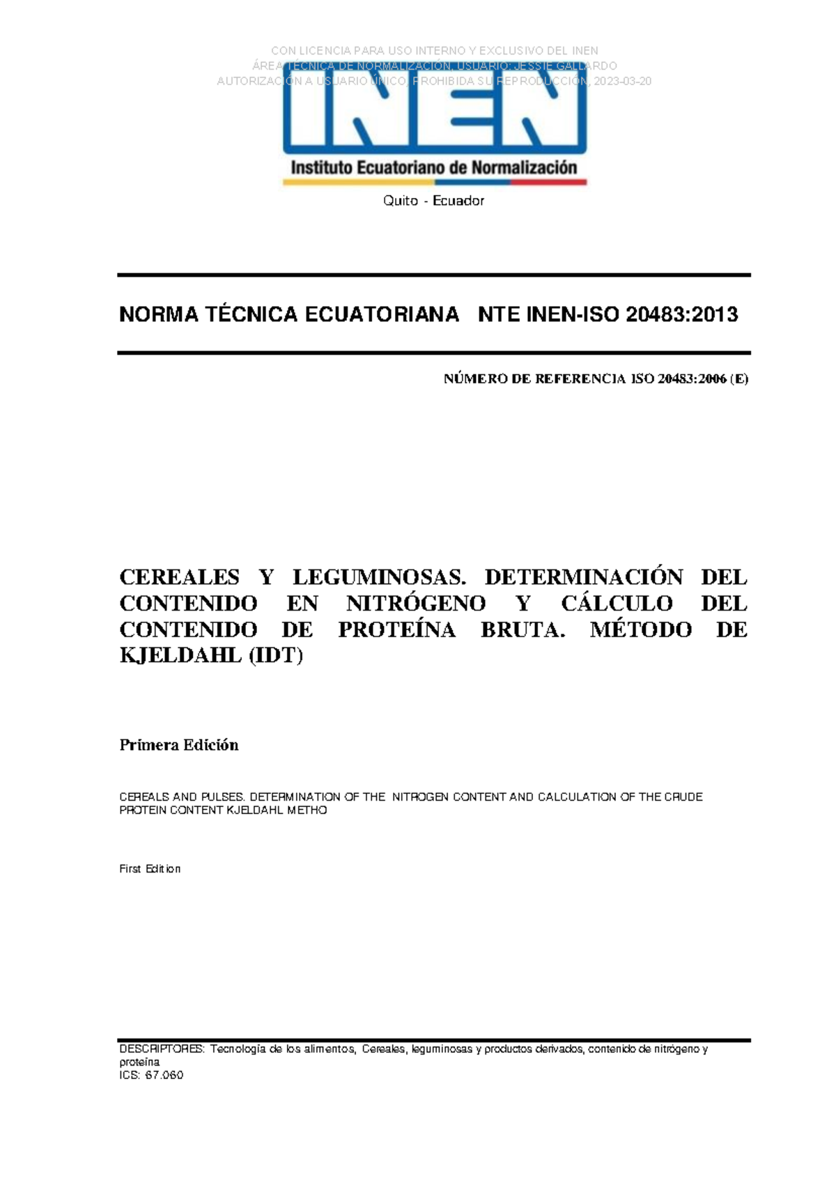 Norma Técnica NTE INEN-ISO 20483: Determinación de Nitrógeno en ...