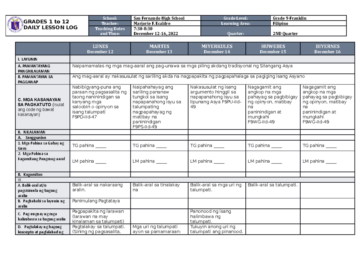 DLL Filipino 9 WEEK 4 Talumpati - GRADES 1 to 12 DAILY LESSON LOG ...
