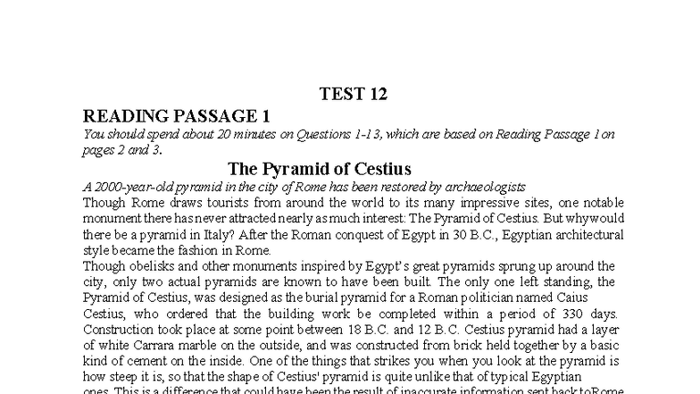 Test 12: Reading Passage 1 - The Pyramid of Cestius Analysis - Studocu