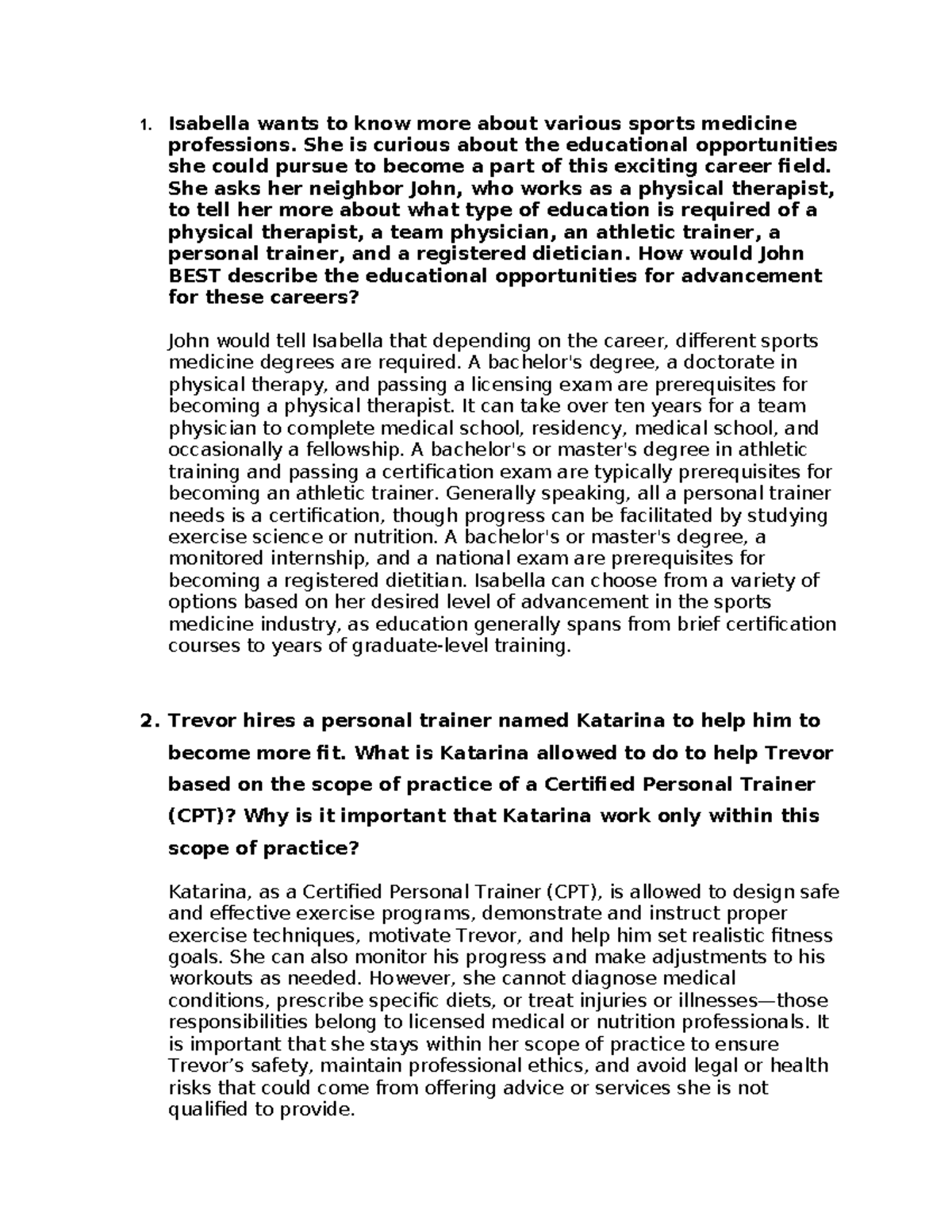 Unit 1 Questions: Exploring Sports Medicine Careers and Training - Studocu