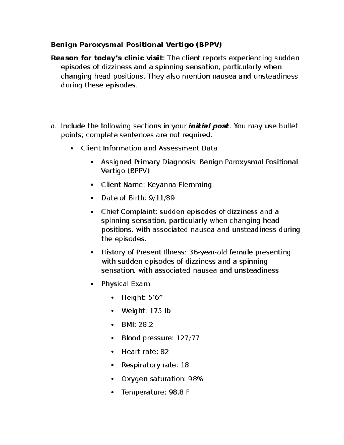 Week 7 Discussion Board: BPPV Case Study Analysis - Studocu