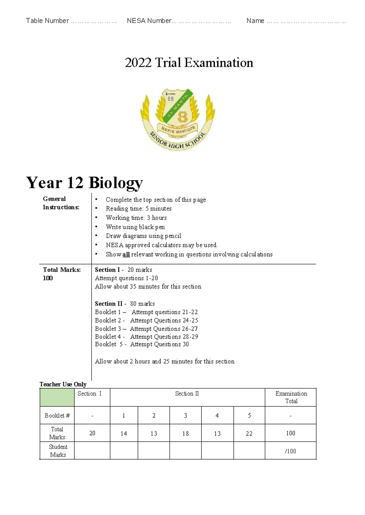 HSC Biology Year 12 2022 Trial Exam Paper - Studocu
