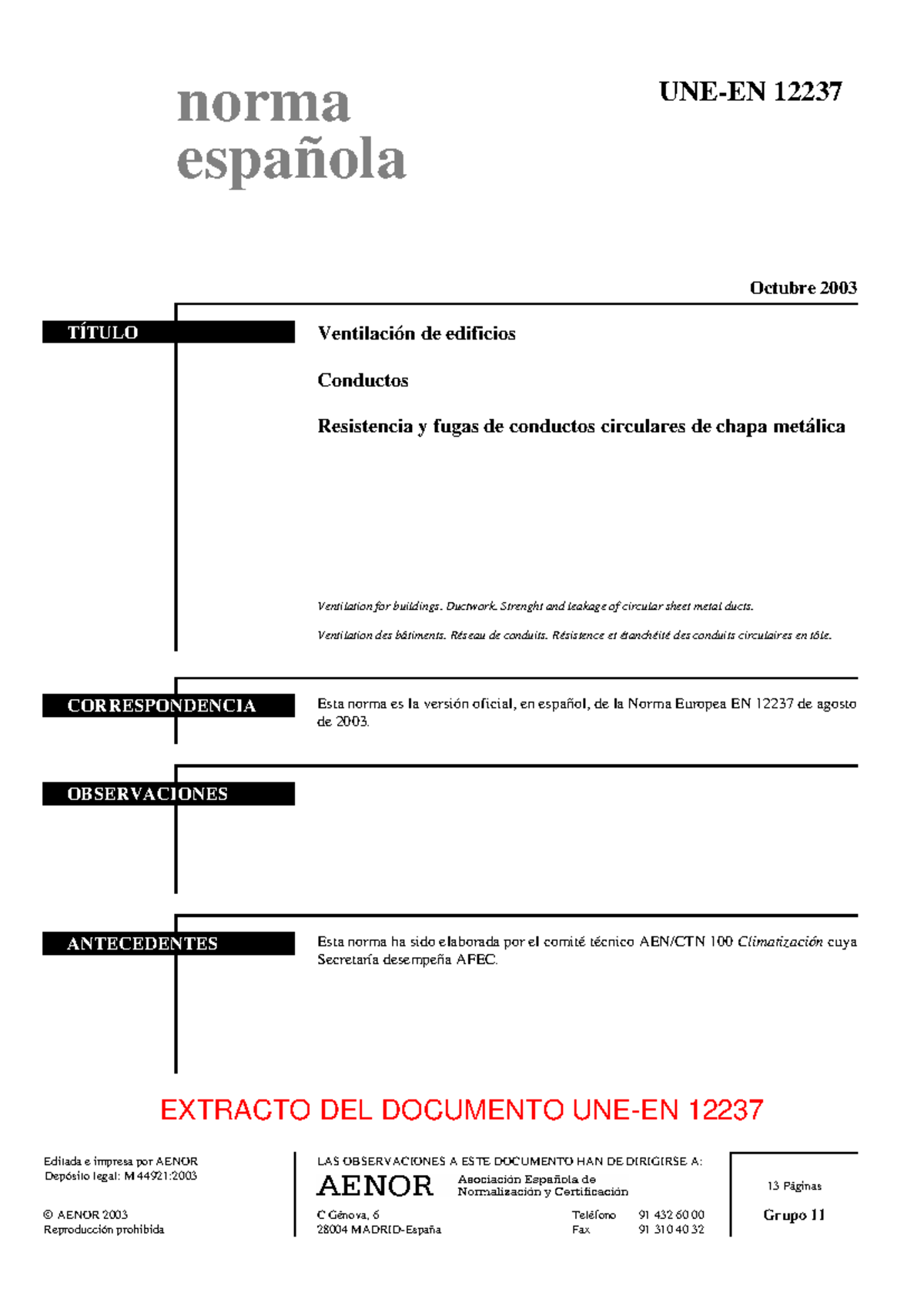 UNE-EN 12237:2003 Ventilation Ductwork Strength and Leakage Guidelines ...