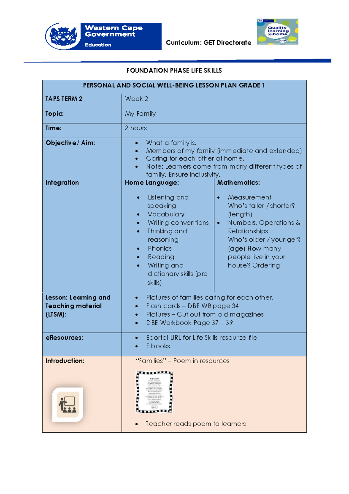 FP Grade 1 Life Skills Lesson Plan: My Family (Term 2, Week 2) - Studocu