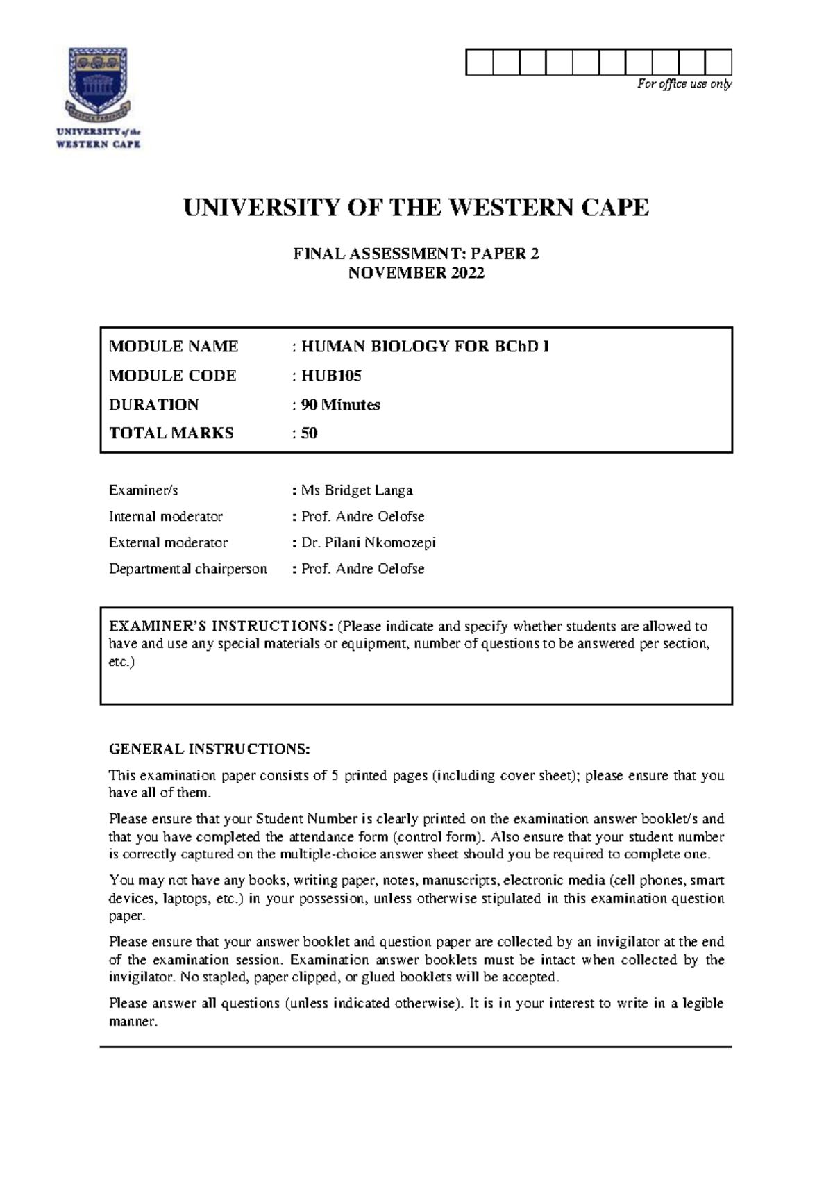 HUB105 Final Exam Paper 2 - Human Biology Assessment November 2022 ...