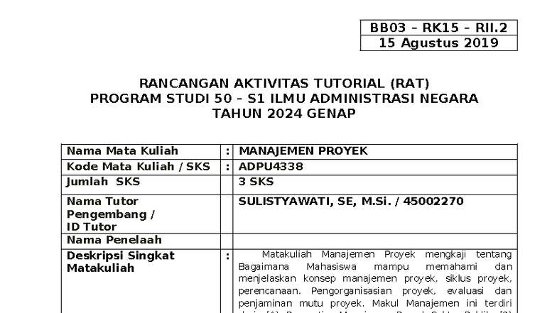 RANCANGAN AKTIVITAS TUTORIAL MANAJEMEN PROYEK ADPU4338 2024 GENAP - Studocu