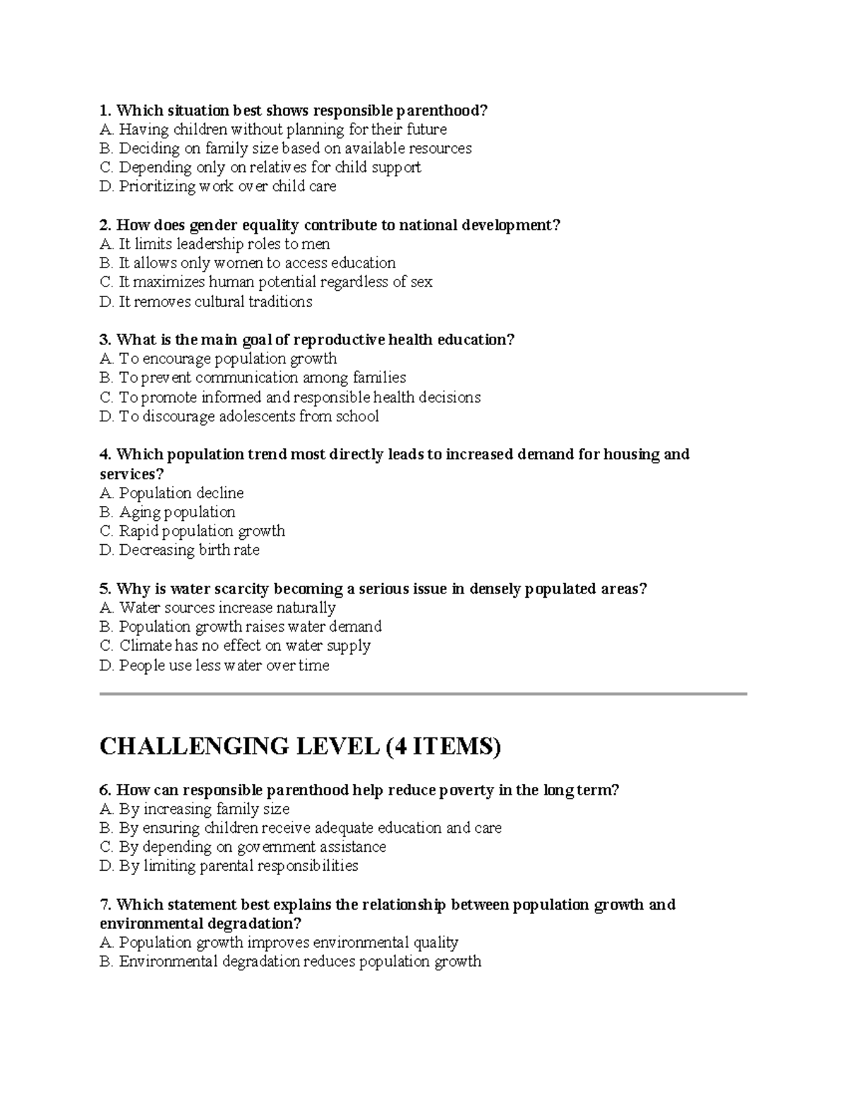 Popdev Questions Sample: Responsible Parenthood & Gender Equality - Studocu