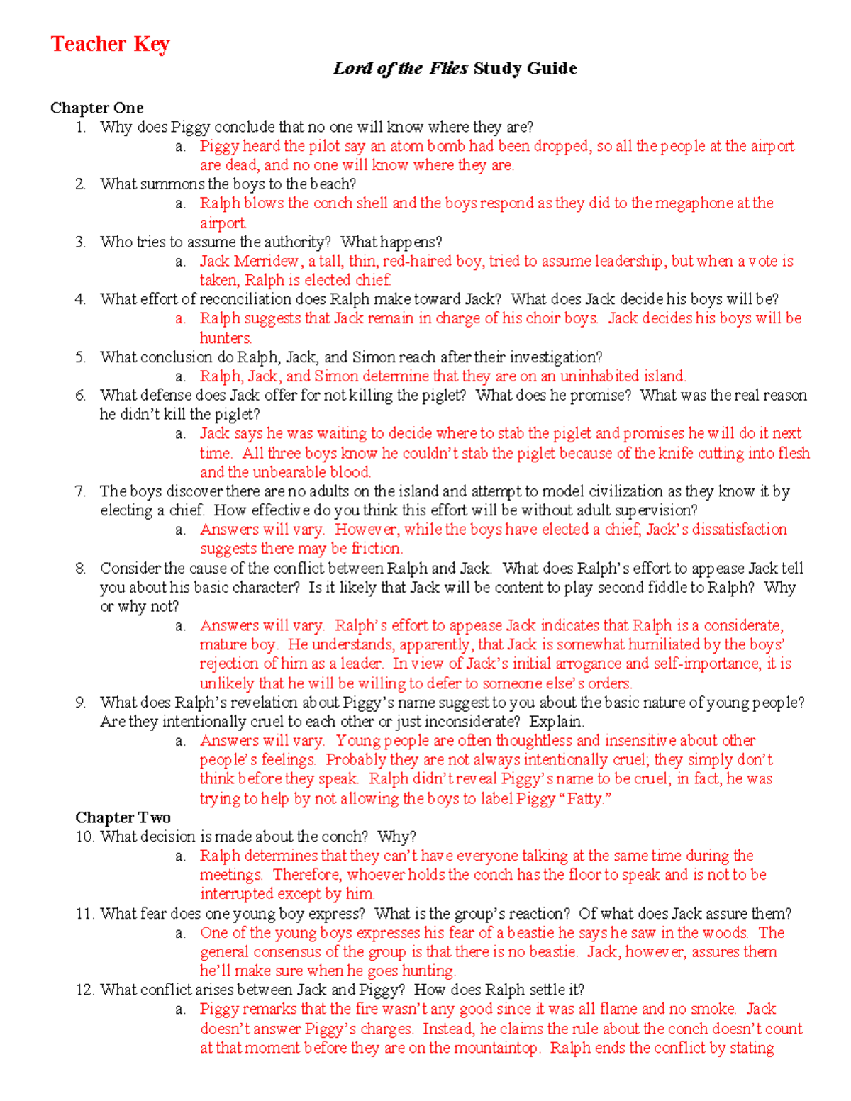 Lord of the Flies (ENGL 101) Study Guide Teacher Key - Chapters 1-8 ...