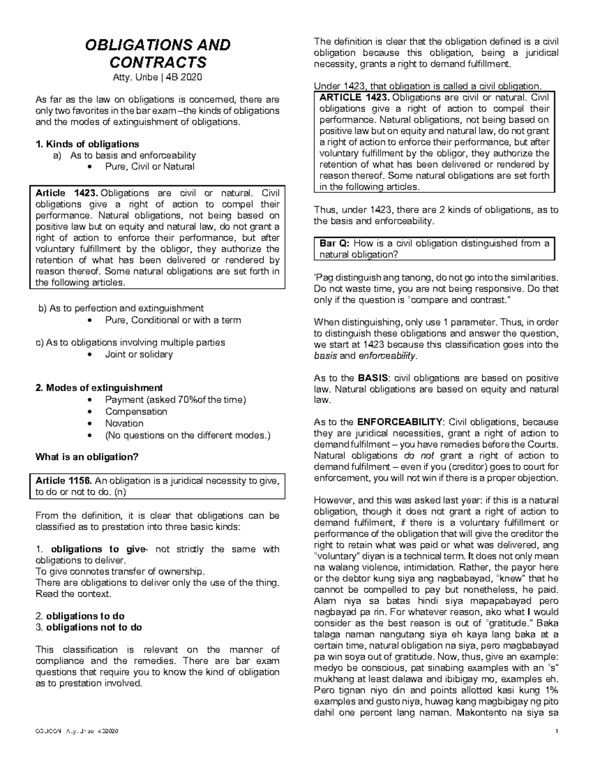 OBLICON 4B 2020: Comprehensive Notes on Obligations and Contracts - Studocu