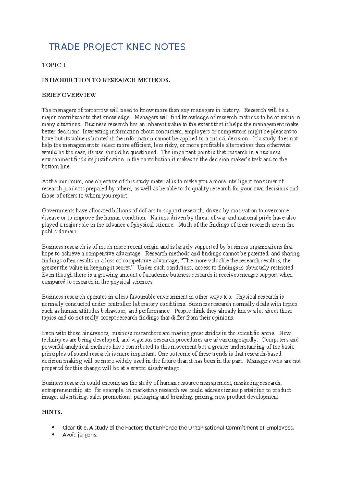 Trade Project KNEC Notes: Understanding Research Methods 030255 - Studocu