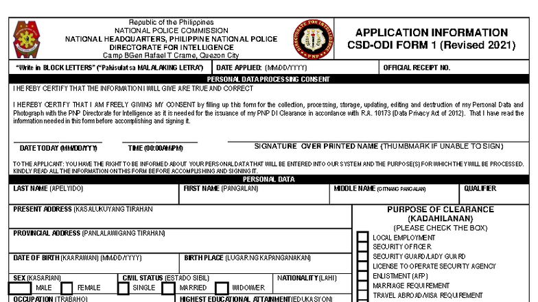 PNP DI Clearance Application Form 1 (Revised 2022) - Studocu