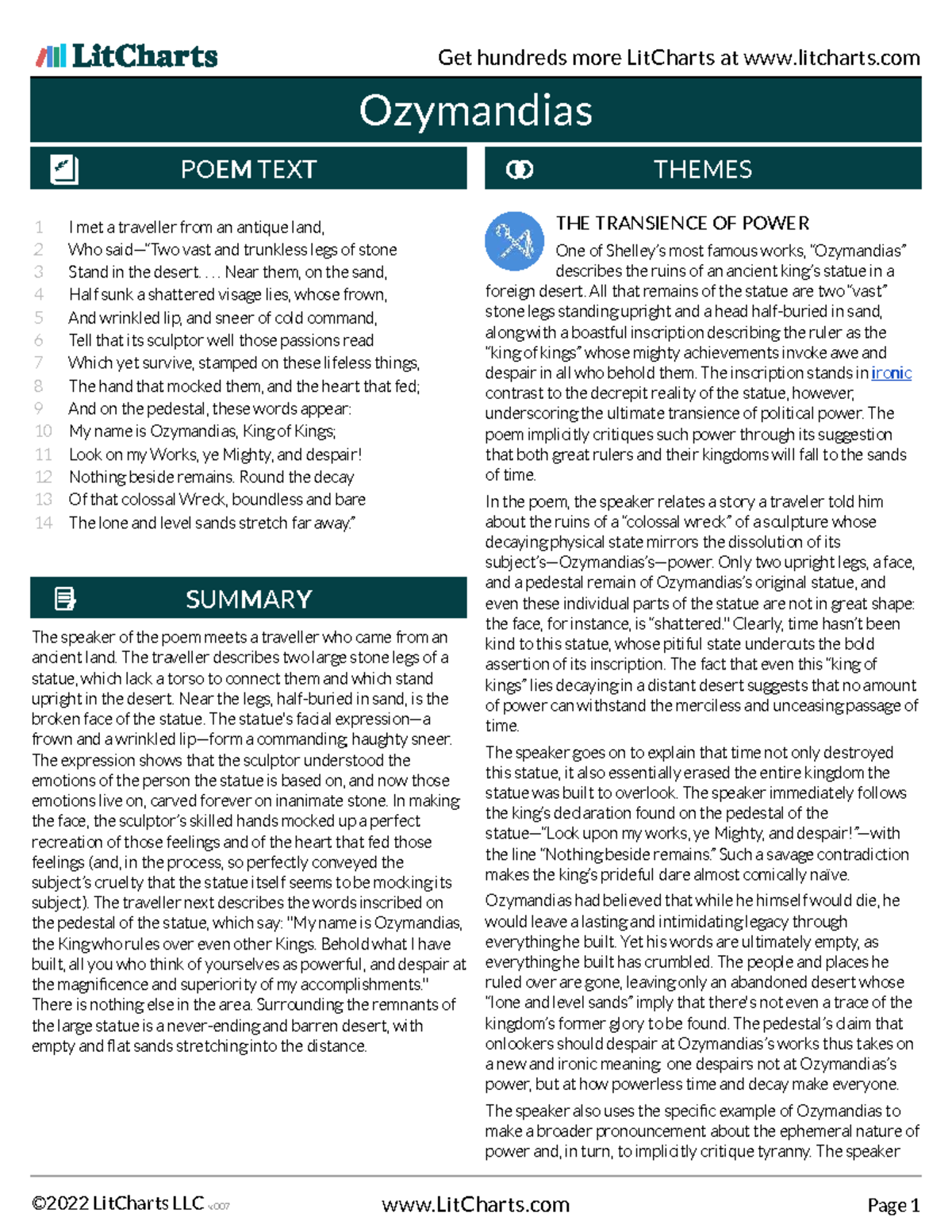 Ozymandias (ENG 101) Study Guide: Themes, Analysis, and Poetic Devices ...