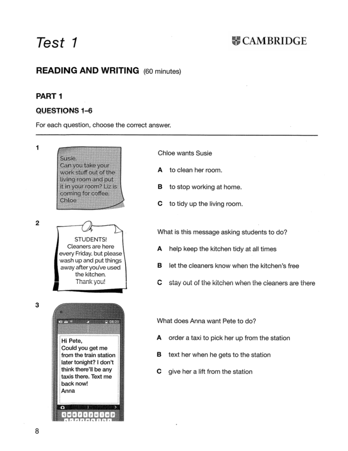 Test 1 CAMBRIDGE READING AND WRITING Practice Questions and Answers ...