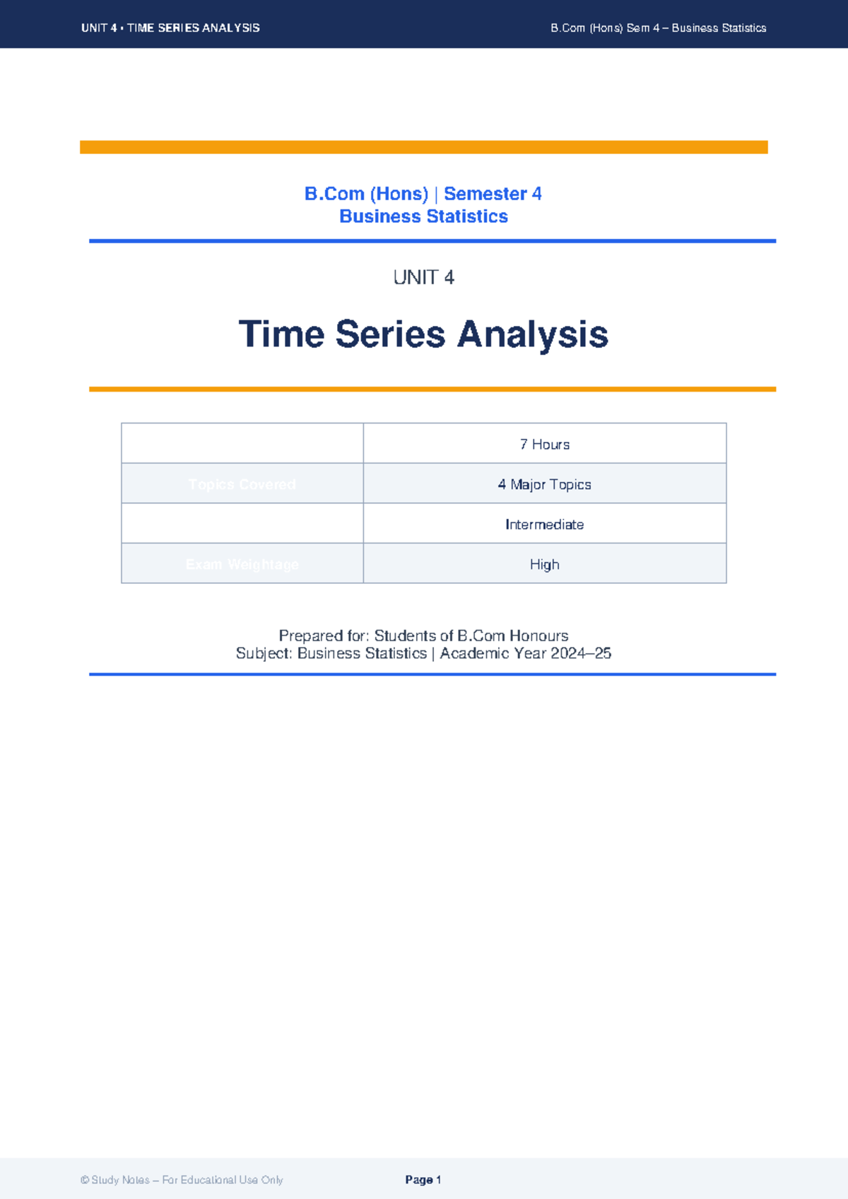Unit 4: Time Series Analysis Study Notes for B.Com (Hons) Sem 4 - Studocu