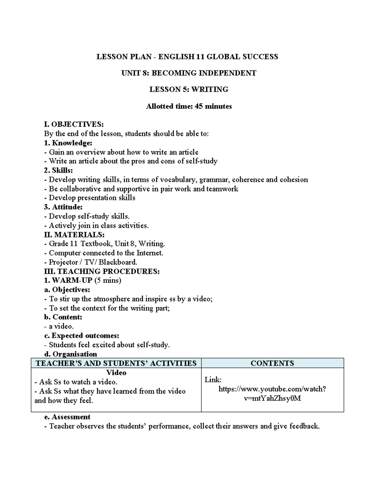 Unit 8 - Writing - GS11 - dfghjk - LESSON PLAN - ENGLISH 11 GLOBAL ...