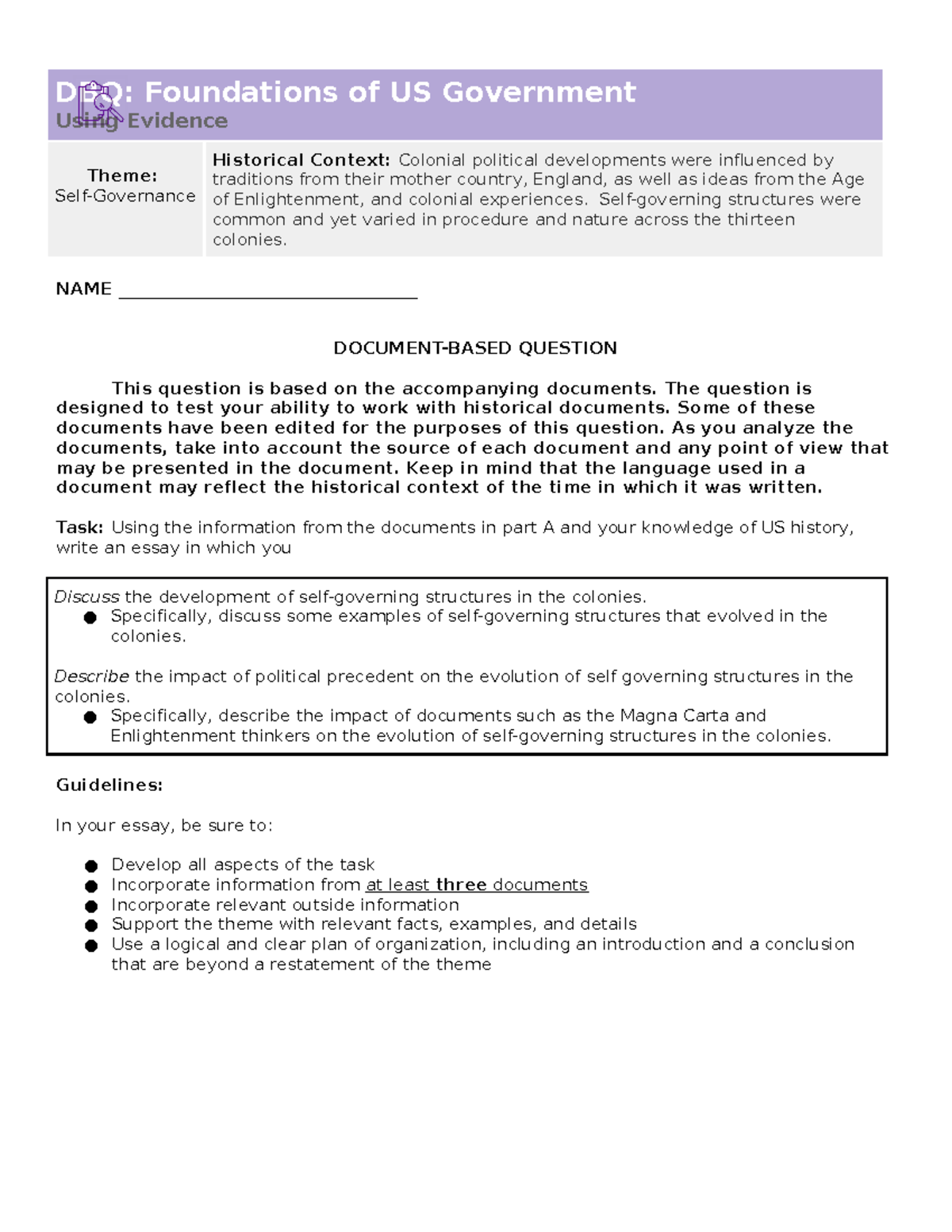 DBQ: Foundations of US Government - Self-Governing Structures Analysis ...