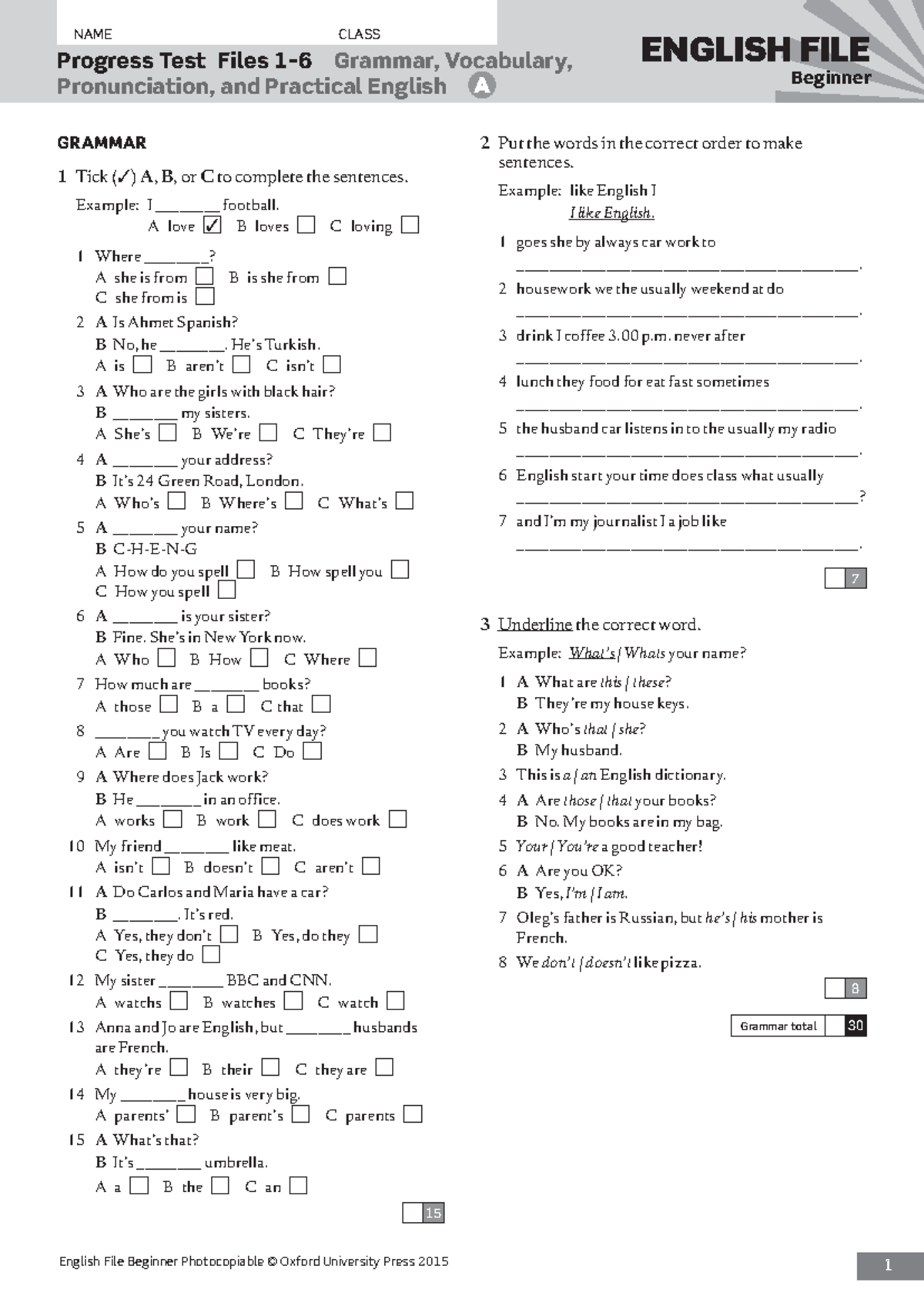 ENGLISH FILE A: Progress Test 1-6 Grammar, Vocabulary, and Speaking ...