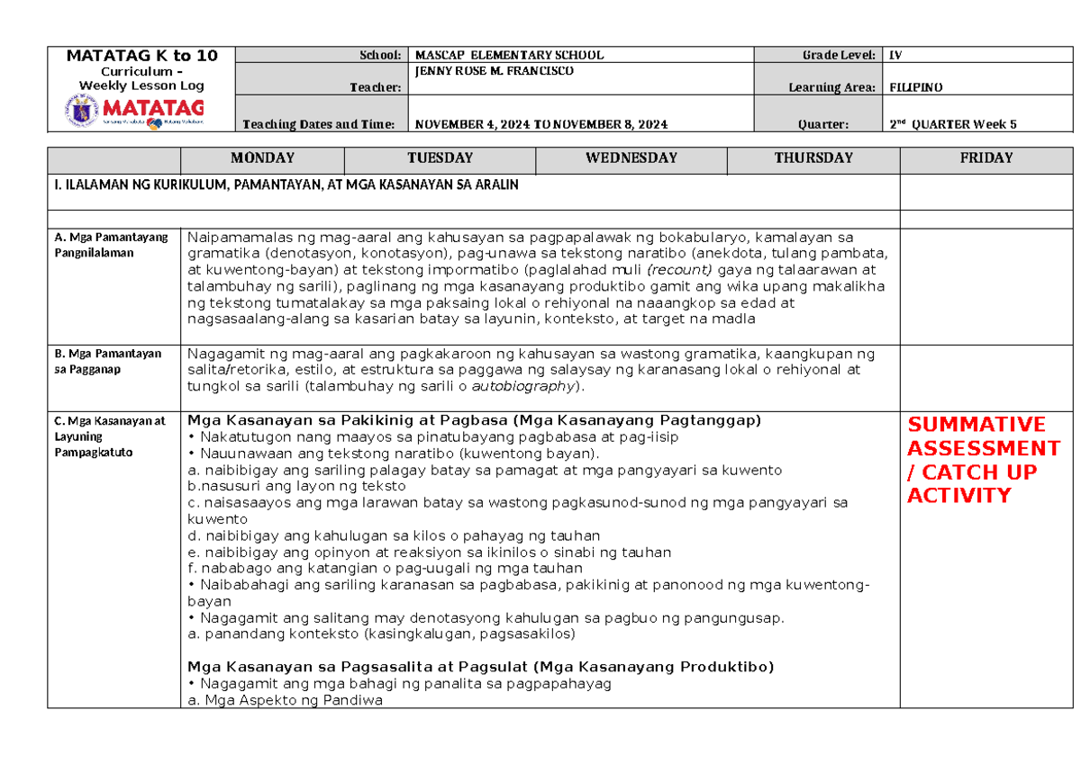 Filipino IV Q2W5 Weekly Lesson Log by Jenny Rose M. Francisco - Studocu