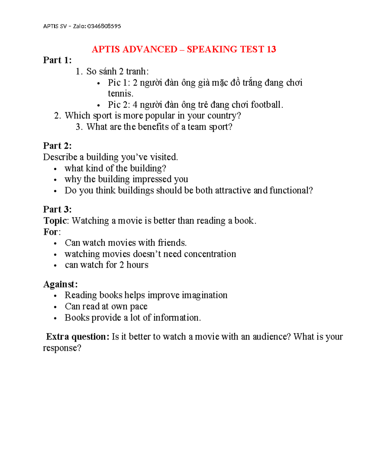 APTIS SV Test 13: Advanced Speaking Exam Notes - Studocu