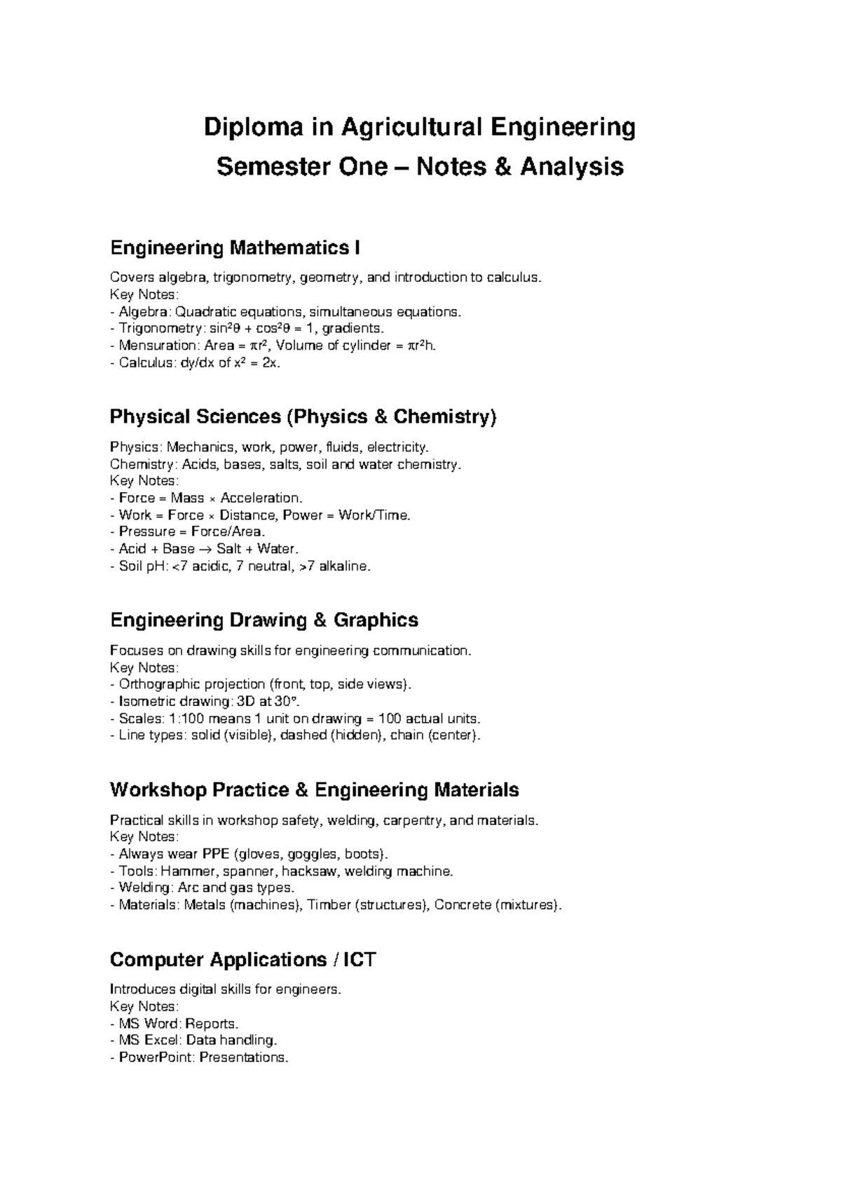 Diploma in Agricultural Engineering Sem 1 Notes: Key Concepts & Skills ...