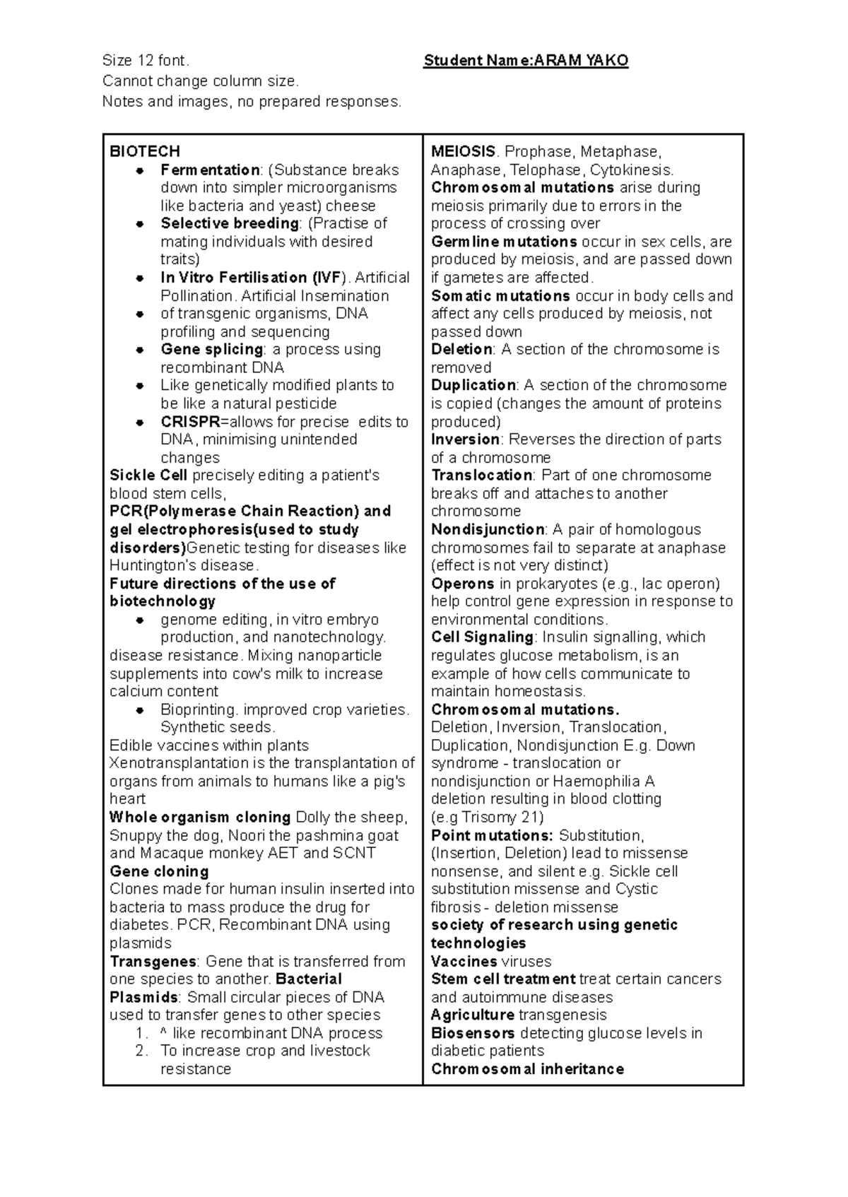 Biotech Concepts and Applications: AET Biology Help Sheet - Studocu