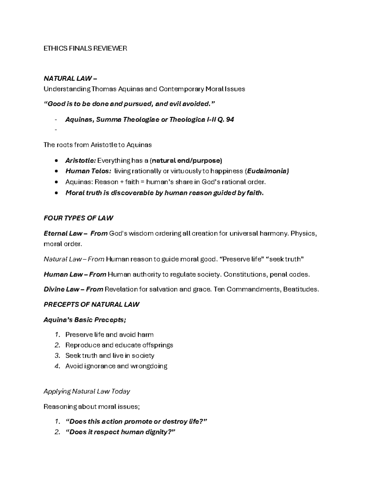 ETHICS 101 FINALS REVIEWER: Natural Law & Moral Philosophy Insights ...