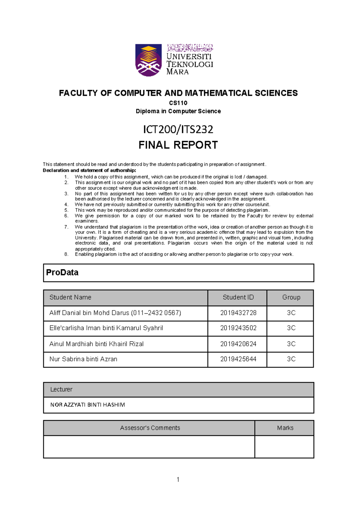ICT200 Final Report - This statement should be read and understood by ...