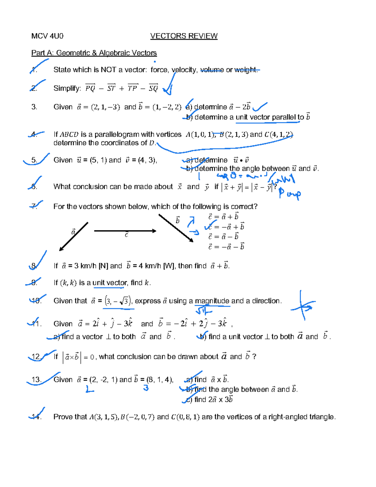 MCV 4U0 VECTORS REVIEW 2023: Geometric & Algebraic Concepts - Studocu