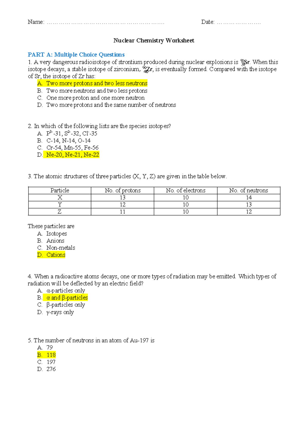 Nuclear Chemistry Worksheet 3.1: Multiple Choice & Discussion Questions ...