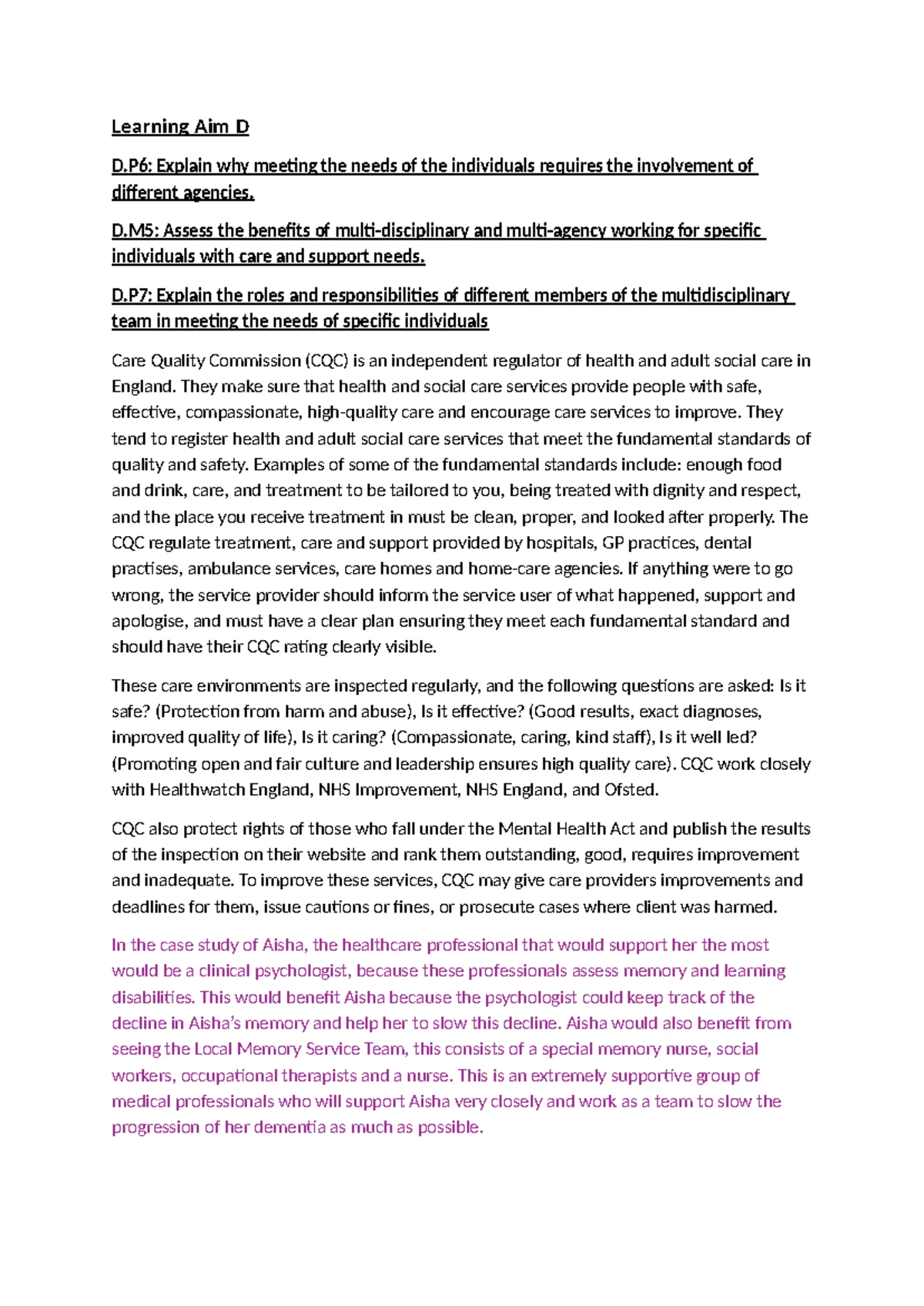 Unit 5 Learning Aim D - Distinction Level Coursework Analysis and ...