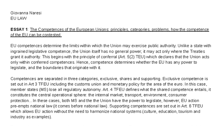 EU LAW ESSAY 1: Competences of the EU - Principles, Categories ...