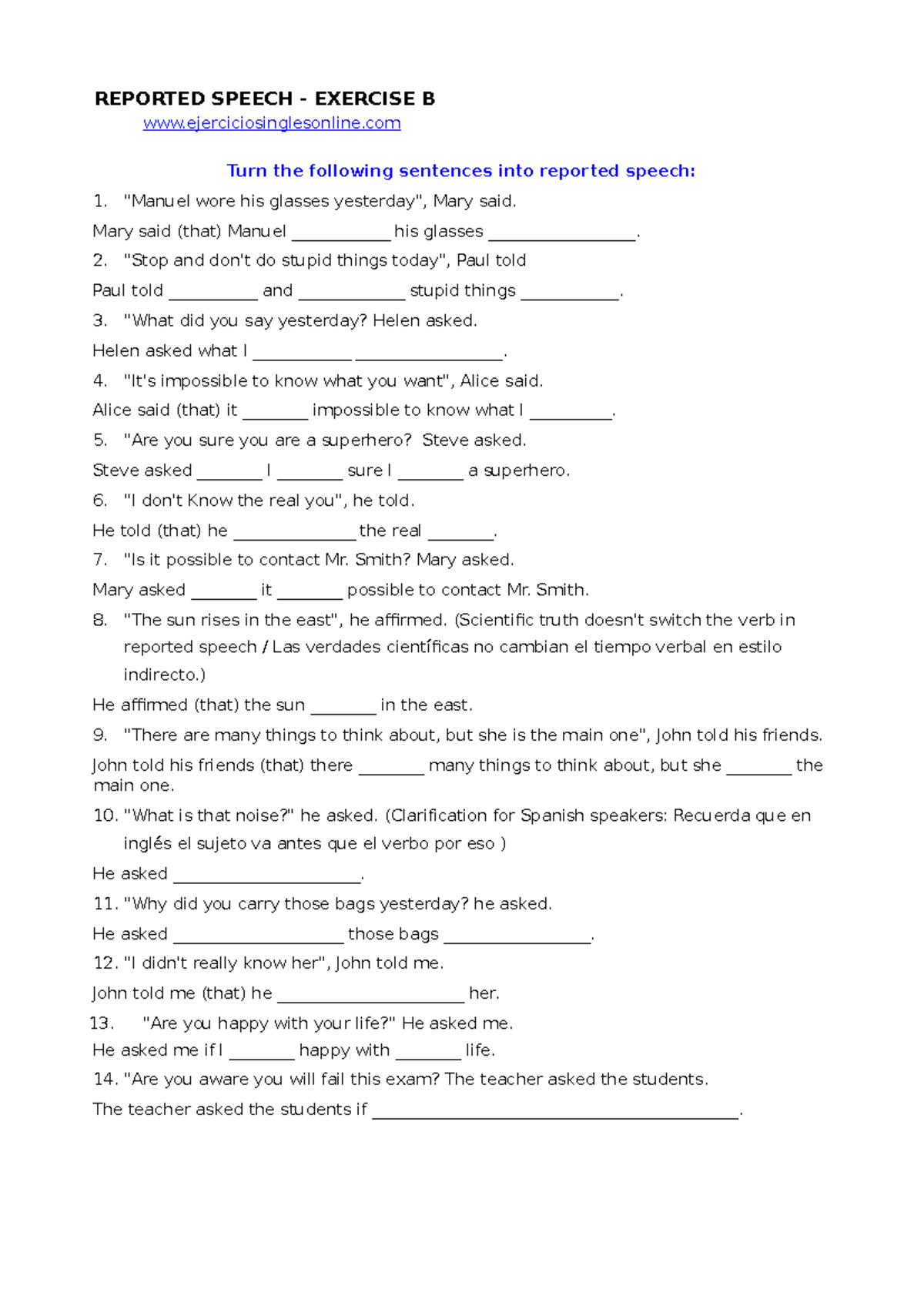 Reported Speech Exercises: Easy Activities for Practice - Studocu