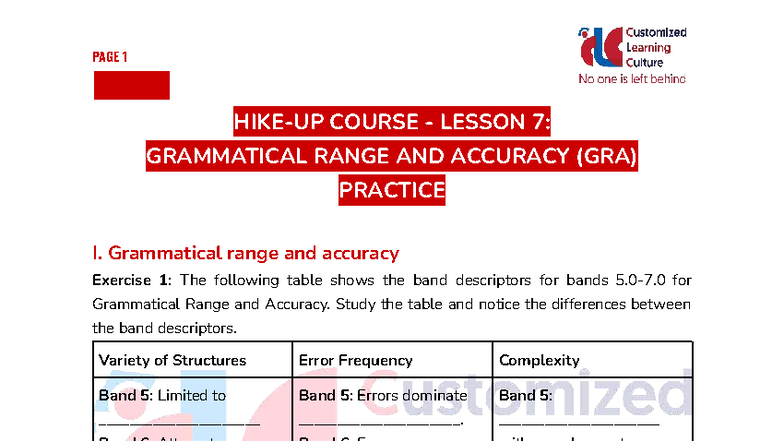 Handout: Speaking-7 - Grammatical Range & Accuracy (GRA) Practice - Studocu