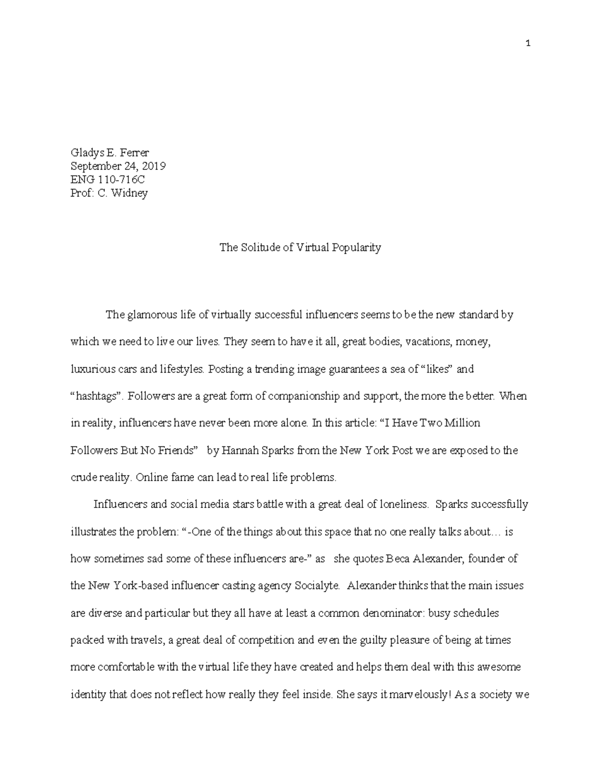 ENG 110-716C Essay 1 Revised: Reaction to "The Solitude of Virtual ...