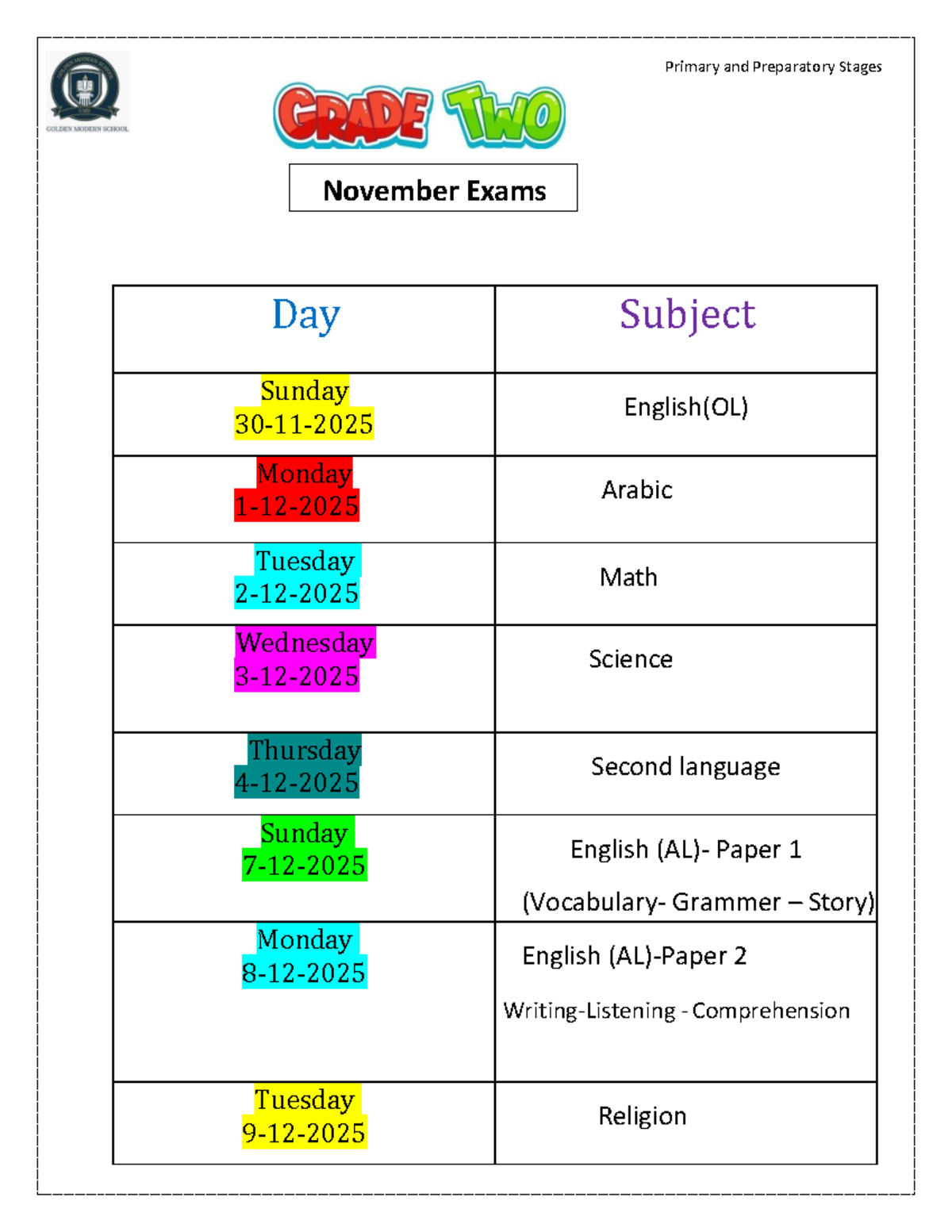 November Exam Schedual for Grade 2 NEW - Material handling - Primary ...
