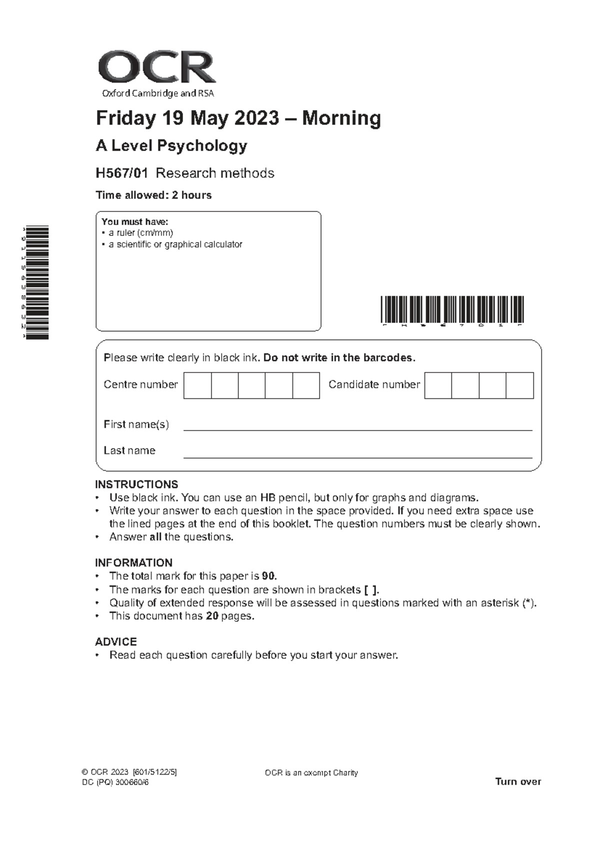 A Level Psychology Research Methods - OCR 2023 Exam Paper - Studocu