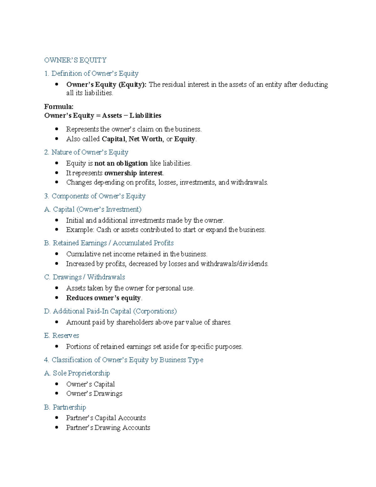 EQUITY 101: Owners Equity Summary Notes and Key Concepts - Studocu