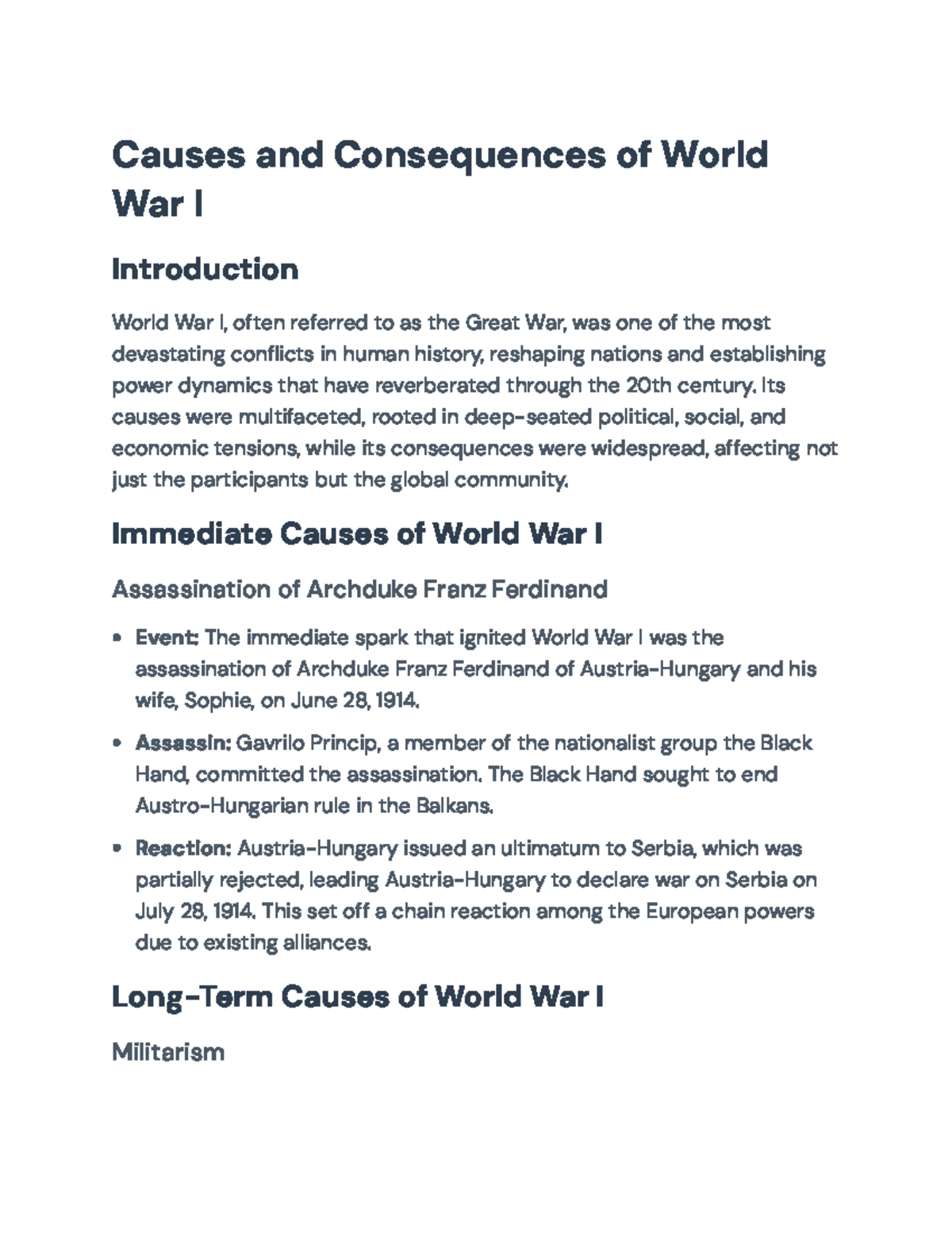 Causes and Consequences of World War I - Historical Analysis Essay ...