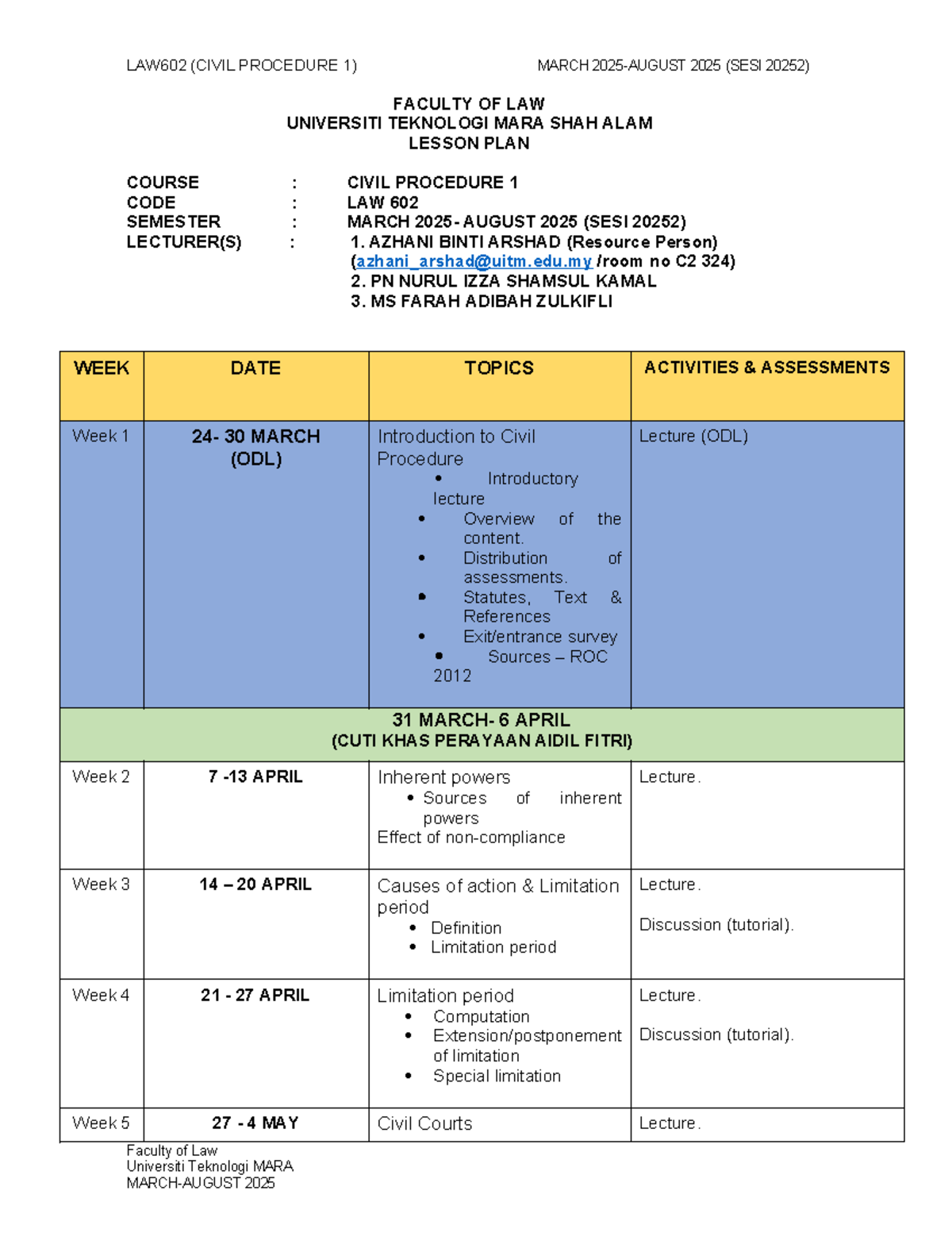 Ui Tmlaw Lesson PLAN FOR SEM March - August 2025 (20252) - FACULTY OF ...