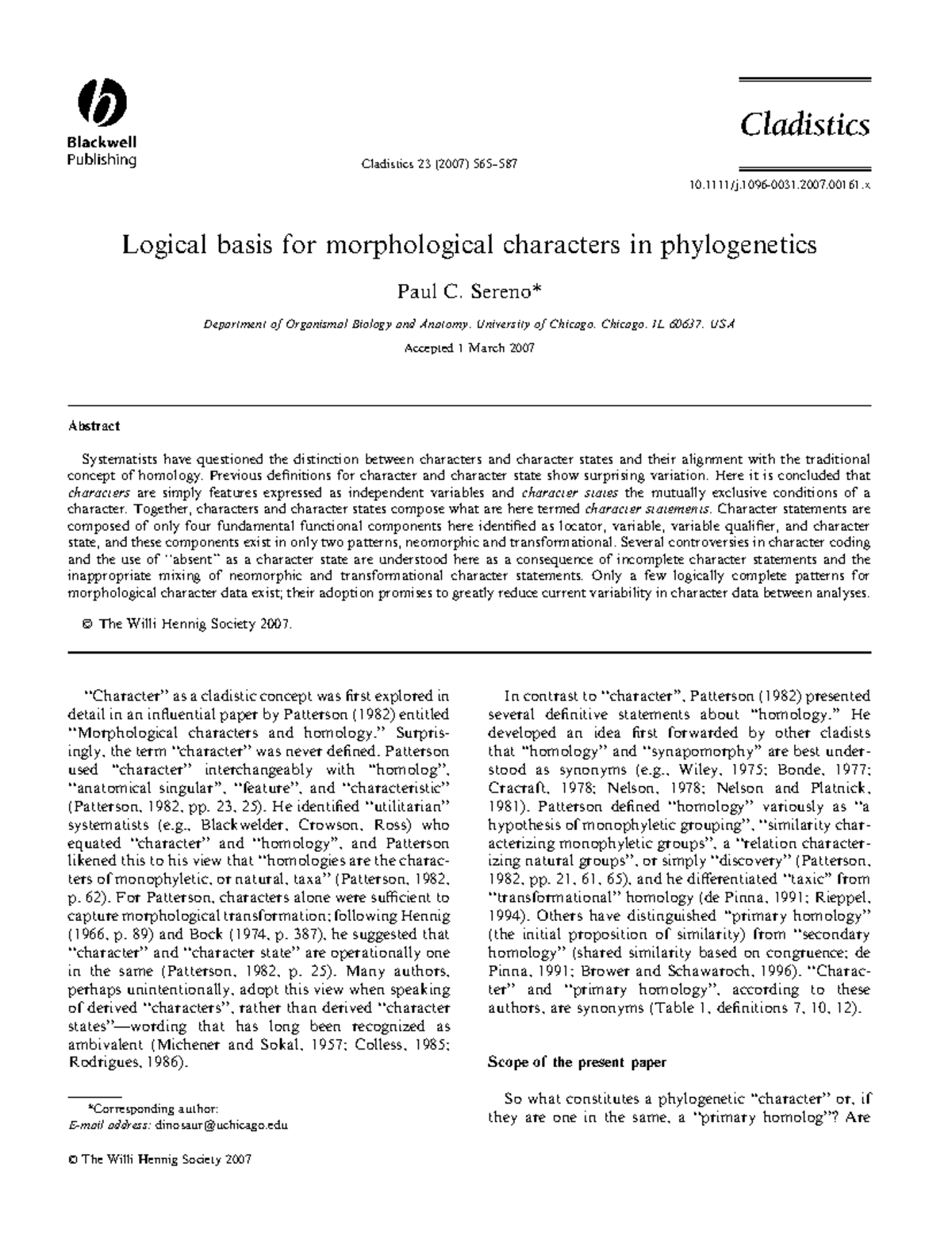 Sereno 2007: Logical Structures of Morphological Characters in ...