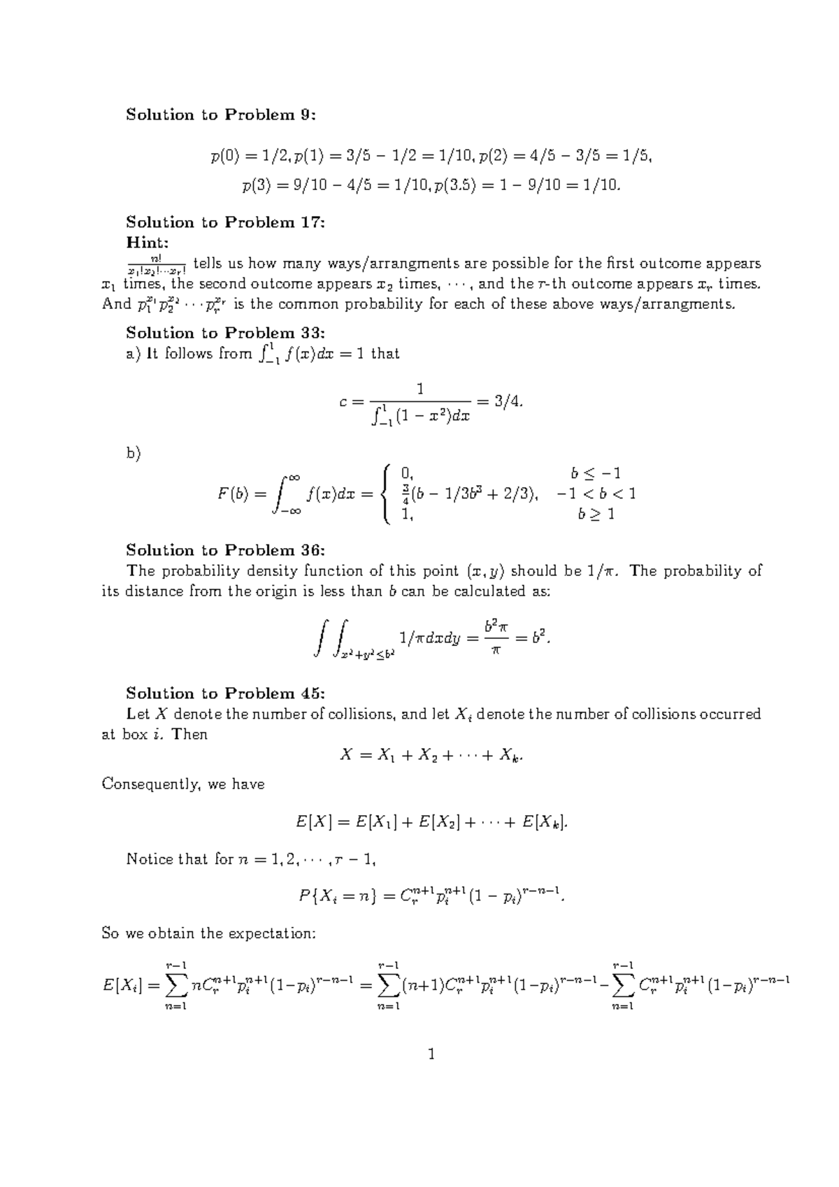 Homework 3 Solution - HW3SOL - Solution to Problem 9: p(0) = 1/ 2 , p(1 ...