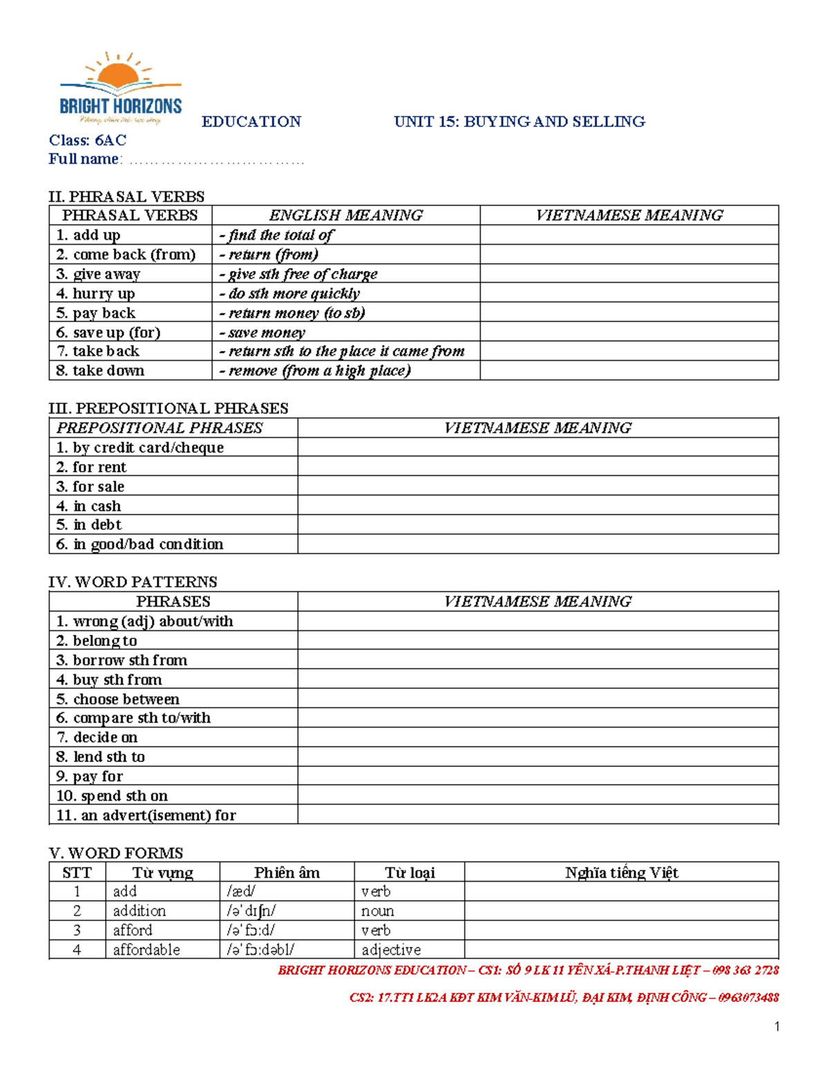 EDUCATION 6AC: Unit 15 Phrasal Verbs & Word Patterns Test - Studocu