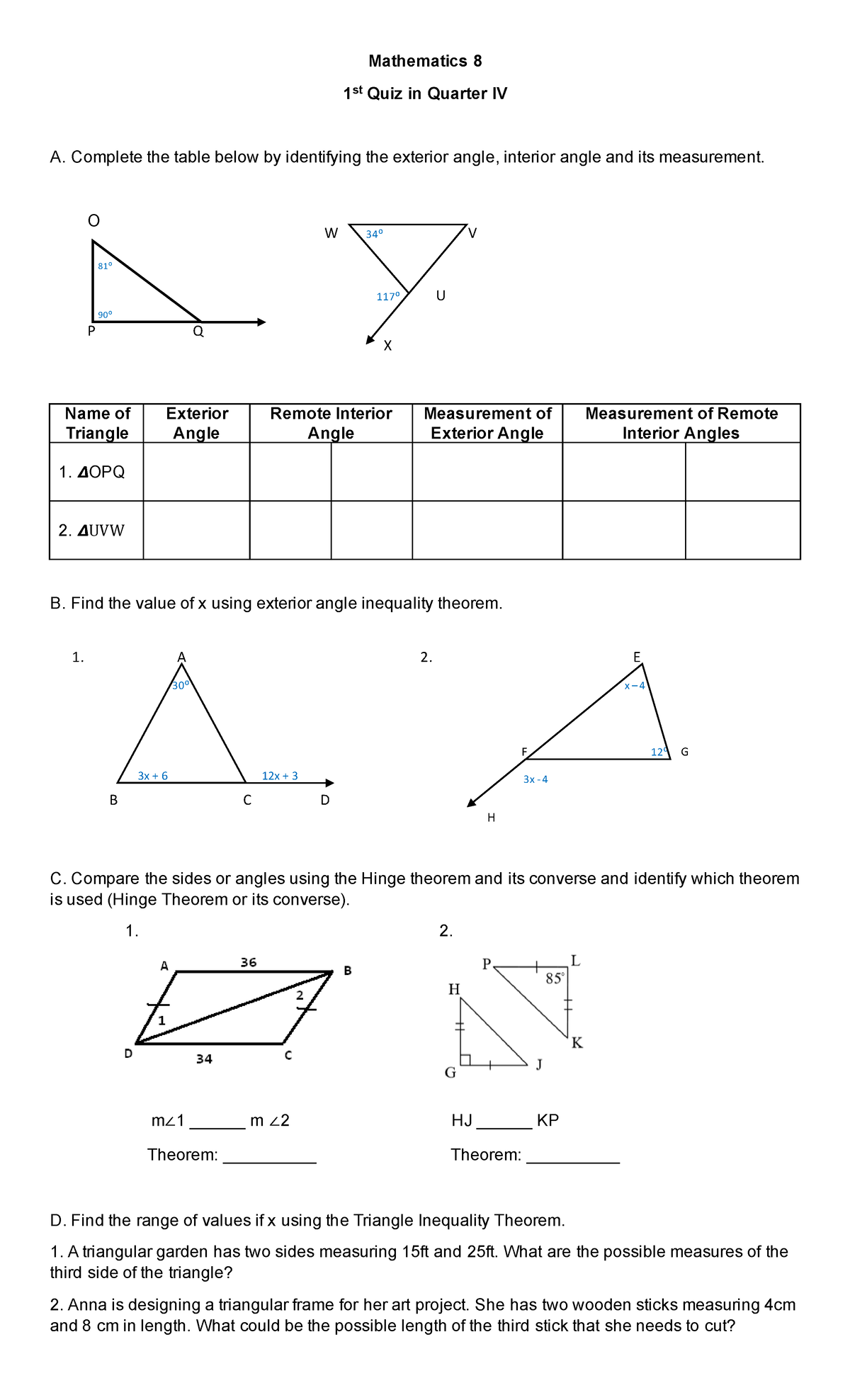 1st quiz - Math8 - Grade 8 mathematics - Mathematics 8 1 st Quiz in ...
